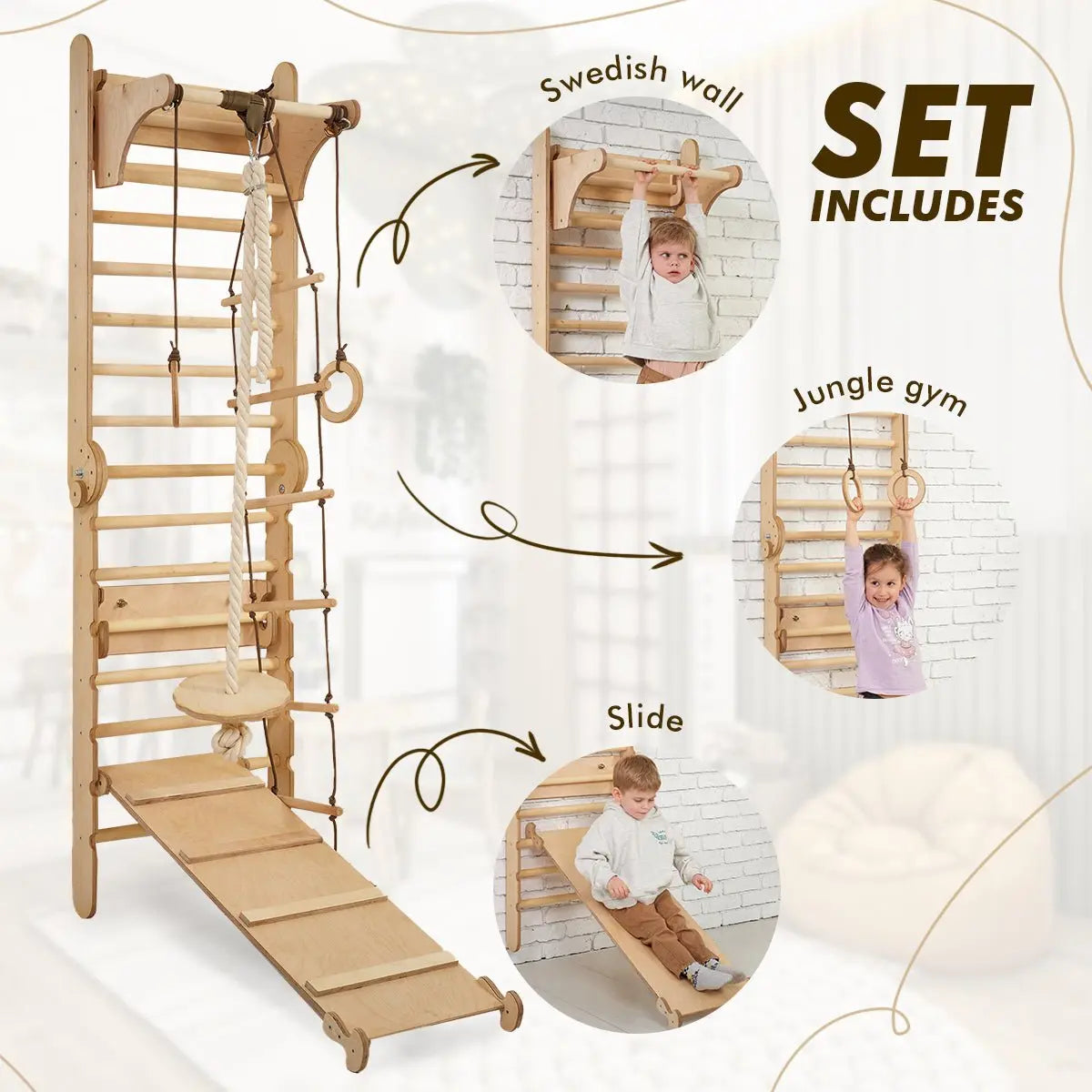 3in1 Wooden Swedish Wall / Climbing ladder for Children + Swing Set ...