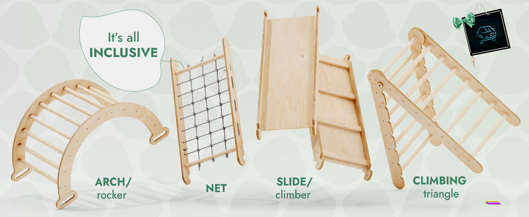 6in1 Montessori Climbing Set: Triangle Ladder, Arch, Slide, Net & Art ...