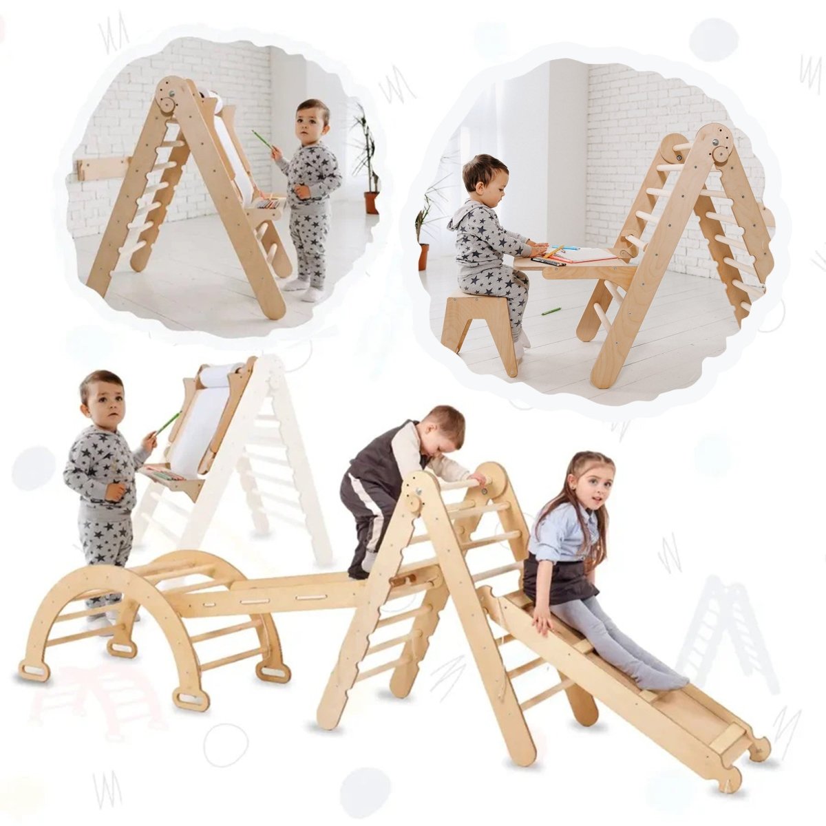 5in1 Montessori Climbing Set: Triangle Ladder, Arch, Slide, Net & Art ...