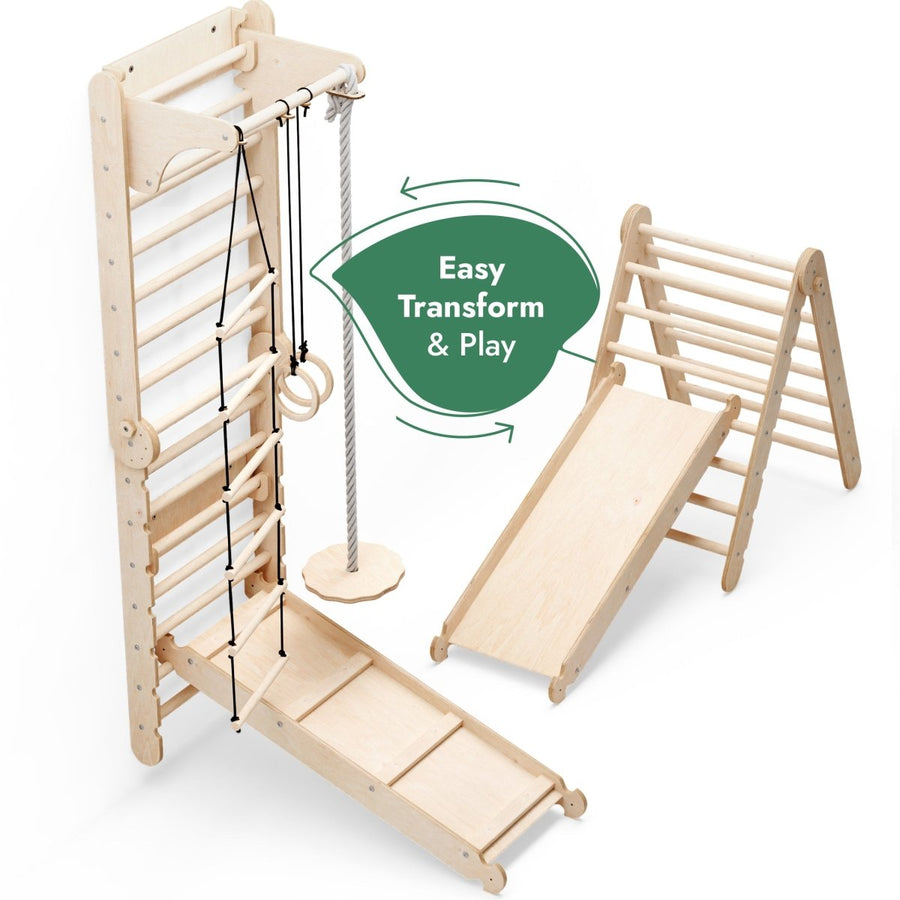 6in1 Wooden Swedish Wall: Climbing Ladder with Swing Set & Slide Board